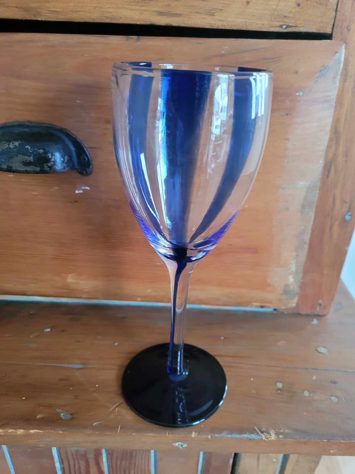 Set of 3 Pier 1 Imports Vertical Blue Stripe Blown Wine Glasses Goblets ...
