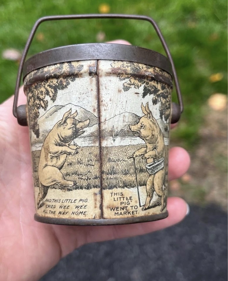 Antique Lovell & Covel hard candy 3 little pigs litho bucket tin pail ...
