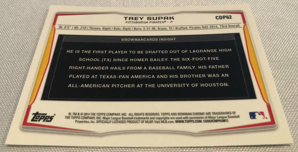 2014 Bowman Chrome Draft Baseball Trey Supak Pittsburgh Pirates ...