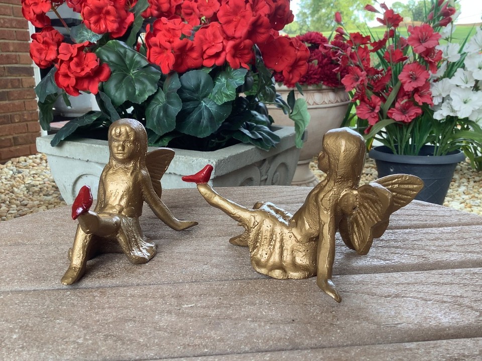 Fairy Figurines Cast Iron Pair Gold with Butterfly Wings with Red Bird ...