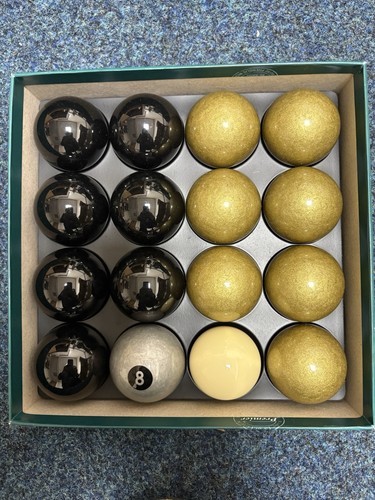 Aramith Premier Black / Gold UK Pool Ball Set Silver 8 Ball Pub Light ...