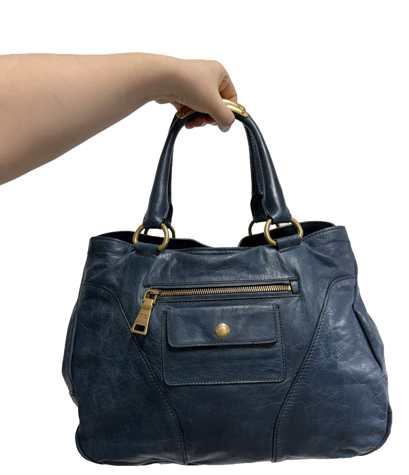 Authentic PRADA Vitello Shine Leather Tote Shoulder Bag Deep Ocean Blue ...