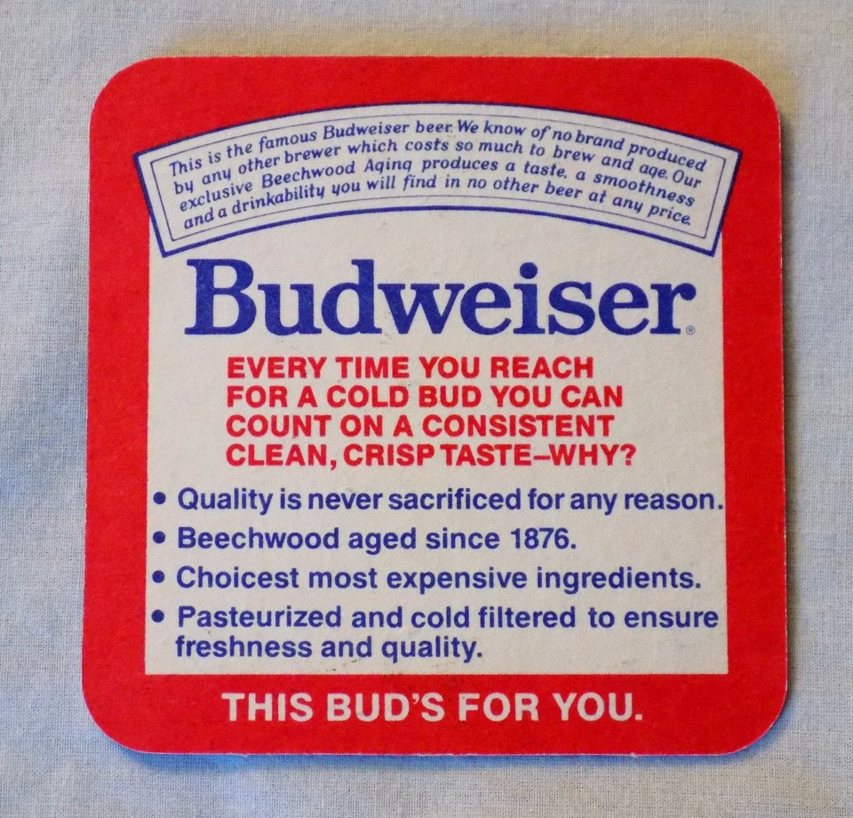 BUDWEISER BUD MAN BEER CARDBOARD COASTER ORIGINAL 31/2" SQ. NEW OLD ...