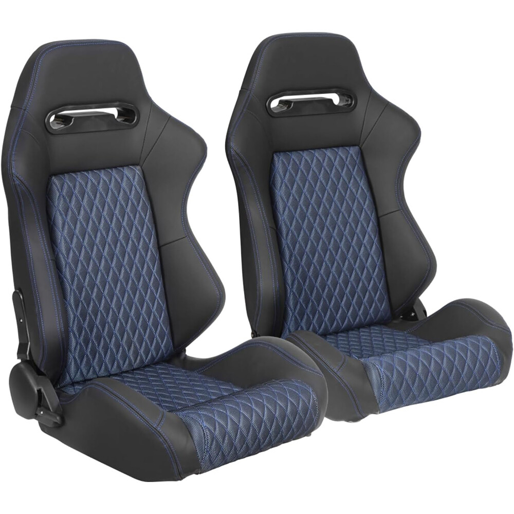 1 Pair Black&Blue Racing Seats PU Leather Reclinable Sport Bucket W/2 ...