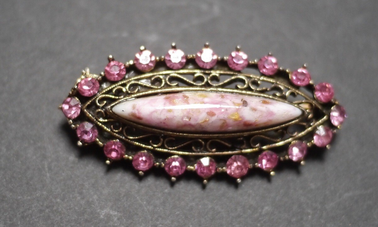 Vintage Oblong Pink Speckled White & Gold Art Glass & Pink Rhinestone ...
