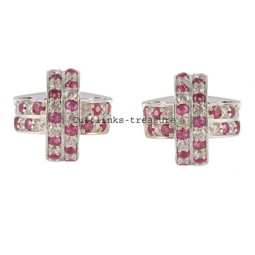 Natural Ruby & CZ Gemstones with 925 Sterling Silver Cufflinks For Men ...
