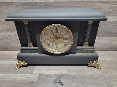 Vintage Antique E Ingraham Black Gold Wooden Mantle Clock w Key Lion ...