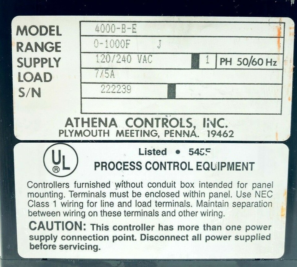 UNUSED ATHENA CONTROLS 4000-B-E TEMPERATURE CONTOL MODULE 0-1000F 120 ...