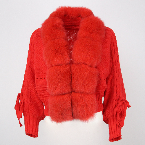 Women Casual Real Fur Collar New Warm Loose Knitted Jacket with Natural ...