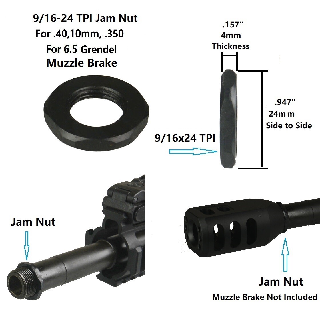 All Steel 9/16x24 TPI .40,10mm.350 Muzzle Brake Compensator Jam Nut ...