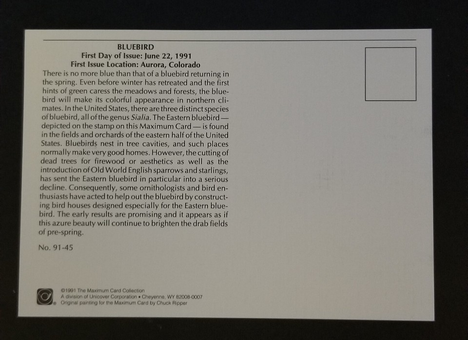 EASTERN BLUEBIRD Scott 2478 - 1991 Stamp FDC Maxi Card Maximum Stamp ...