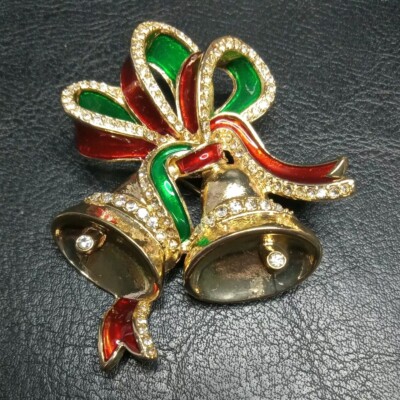 AVON 2015 Christmas Bell Whit Red And Green Enamel Bow Clear Rhinestone ...