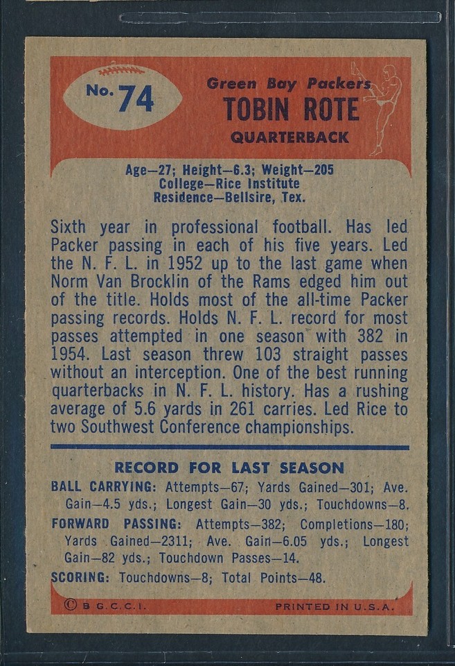1955 Bowman Football Set-Break #74: TOBIN ROTE Green Bay Packers ~ EX ...