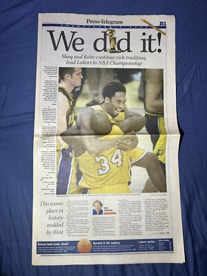 2000 Los Angeles Lakers Press-Telegram Newspaper NBA Champions First ...
