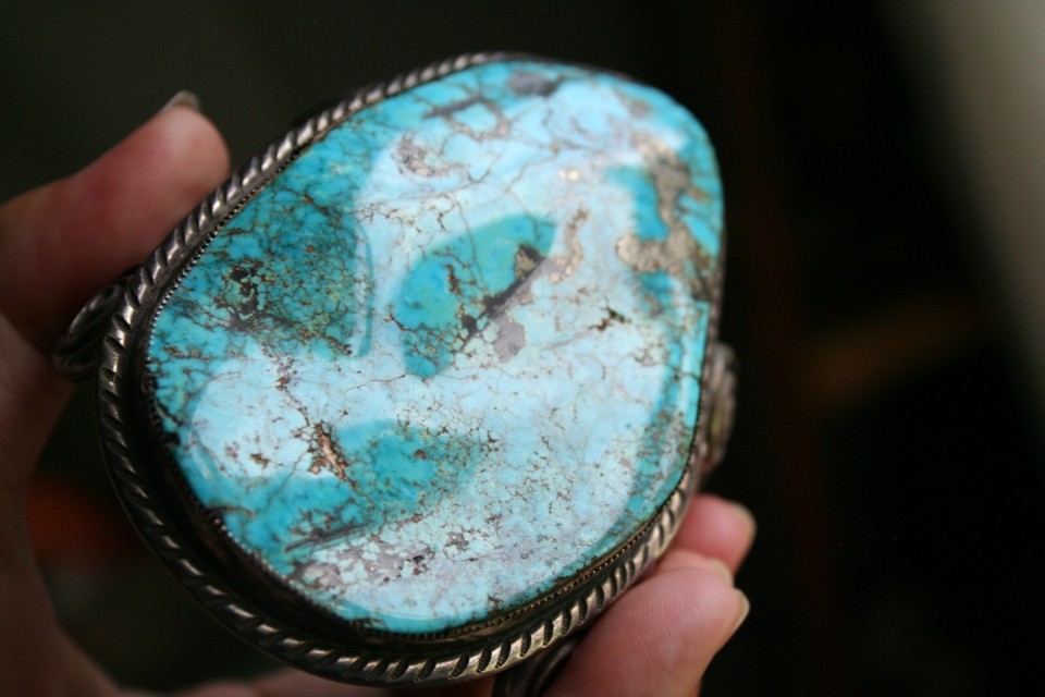 Vintage Native American Museum Gem Quality Turquoise Slab Sterling Cuff ...