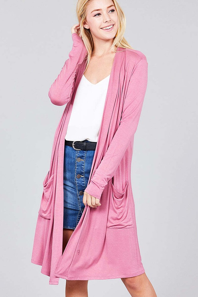 Womens Open Front Knee Length Long Sleeve Cardigan w/ Slouchy Pockets S ...