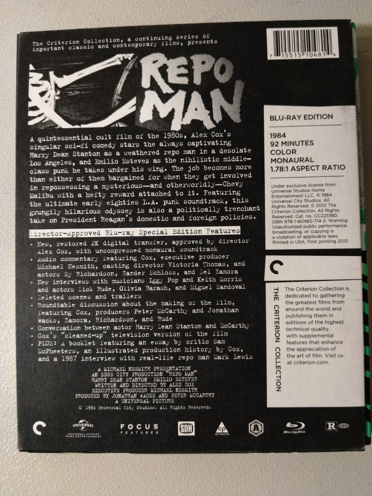 Repo Man 1984 Blu-ray Disc Criterion Collection 2013 Complete w ...