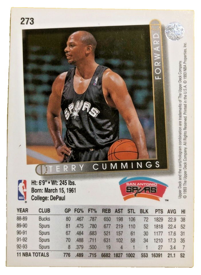 TERRY CUMMINGS #34 San Antonio SPURS Forward 1993 Card #273 UPPER DECK ...