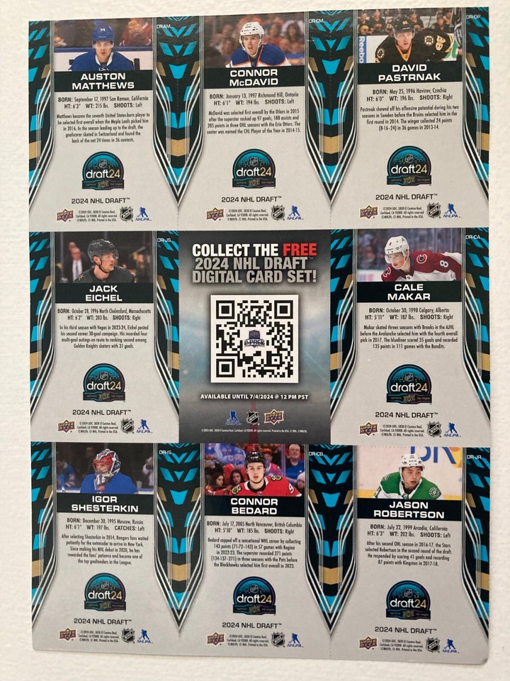 2024 NHL Draft (Las Vegas) Upper Deck uncut sheet promo sheet - Bedard ...