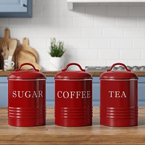 Red Canister Sets for Kitchen Counter, Vintage Country Rustic Farmhouse ...