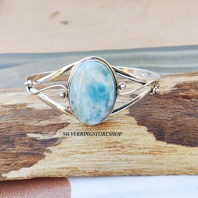 Natural Larimar Bangle Solid 925 Sterling Silver Designer Oval Larimar ...