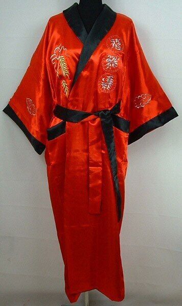Men's double-sided satin robe embroidered dragon kimono bathrobe ...