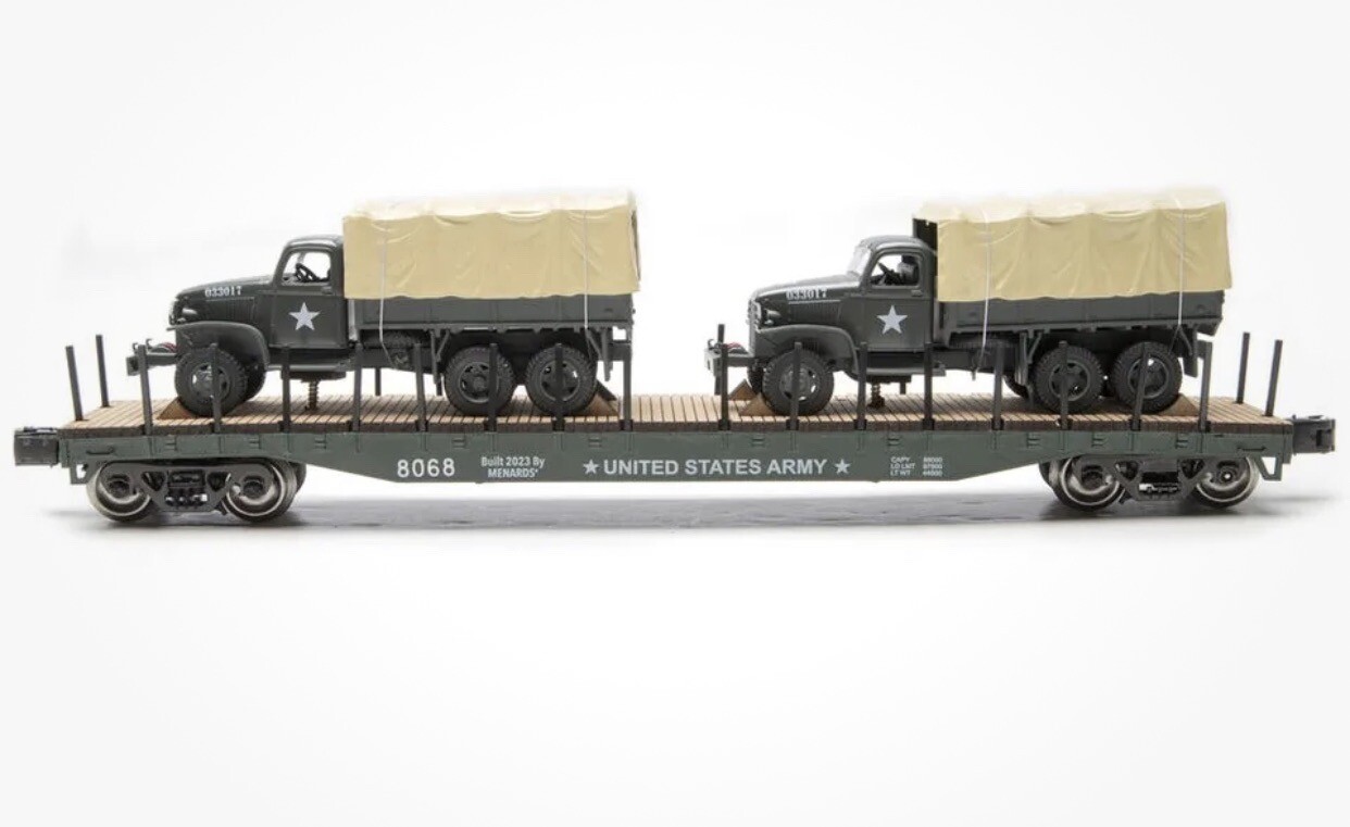 MENARDS US ARMY FLATCAR W/ MILITARY CARGO TRUCKS! O SCALE UNITED STATES ...