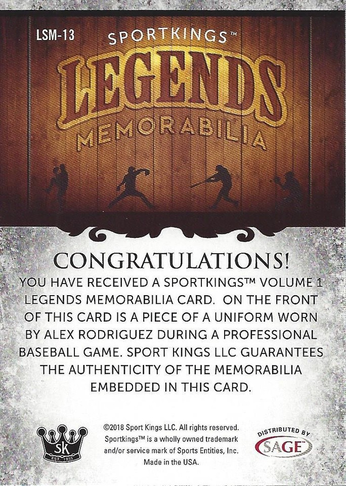2018 Sportkings Legends Memorabilia #LSM13 Alex Rodriguez - NM-MT | eBay