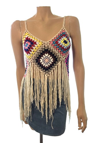 Crochet Fringe Hippy Boho Cami Top Womens Festival Tank Tassels One ...