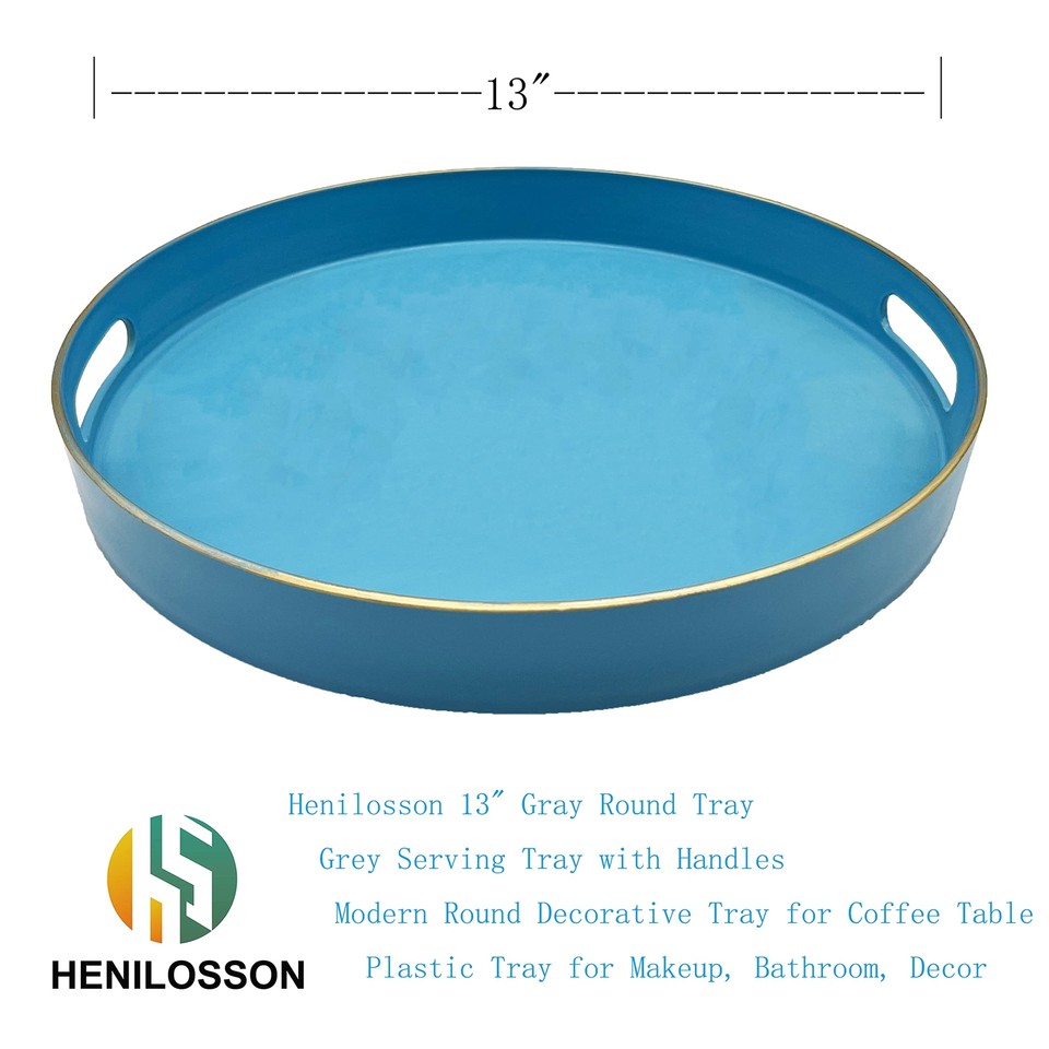 13" Blue Round Tray Blue Serving Tray with Handles Modern Round ...