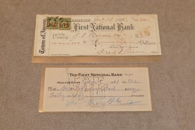 2 The First National Bank Checks 1898 & 1947 Skowhegan, M.E. & Houlton ...
