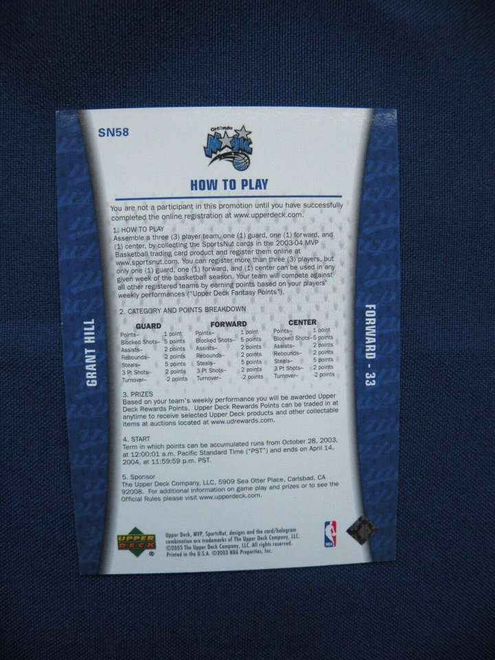 2003 UD MVP Basketball Sports Nut Game Grant Hill Orlando Magic #SN58 ...