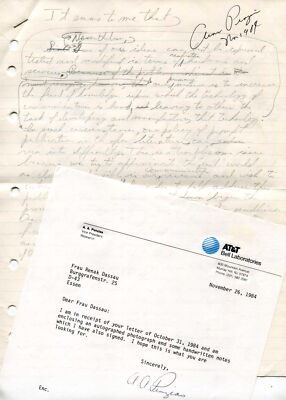 NOBEL PRIZE 1978 PHYSICIST Arno Penzias autograph, handwritten ...