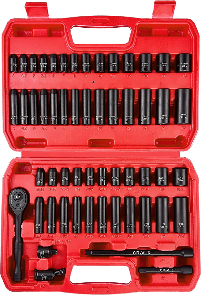 1/4" 55PCS Drive Impact Socket Set SAE & Metric Deep Shallow Sockets ...