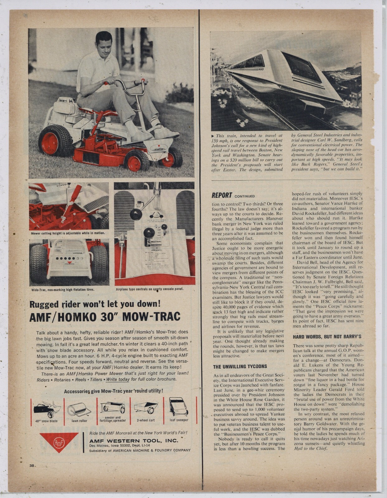 1965 AMF Western Tool Co. Ad: AMF/HOMKO 30" Mow Trac Riding Lawn Mower ...