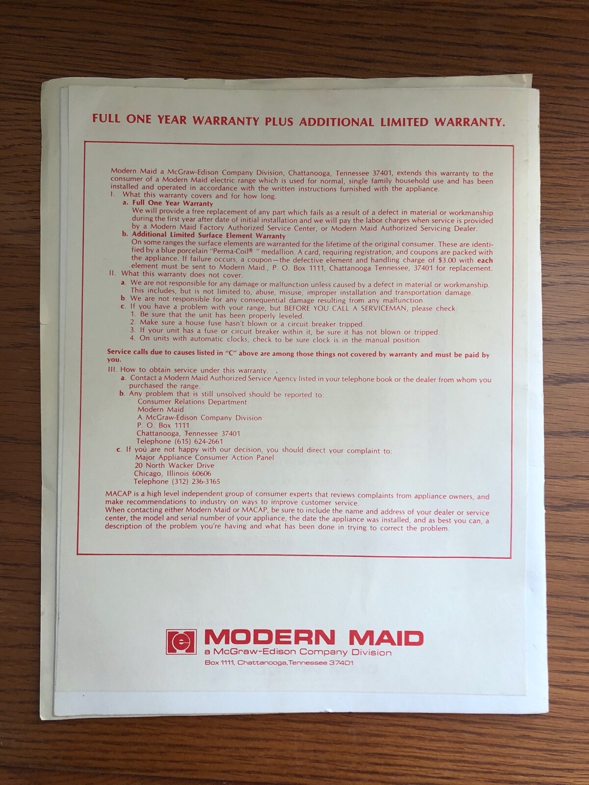 Modern Maid Electric Range Use and Care Manual VINTAGE McGraw-Edison ...