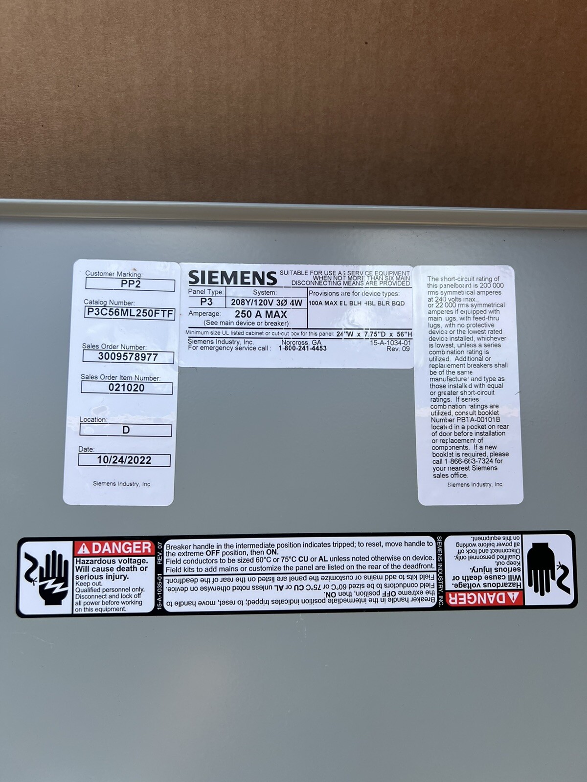 SIEMENS P3 250 AMP MAX MLO PANEL 208/120V 3PH/4W 42 Space P3C56ML250FTF ...