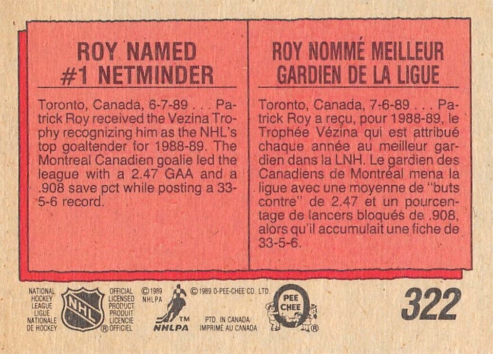 1989-90 O-PEE-CHEE HOCKEY PATRICK ROY VEZINA TROPHY CARD #322 | eBay