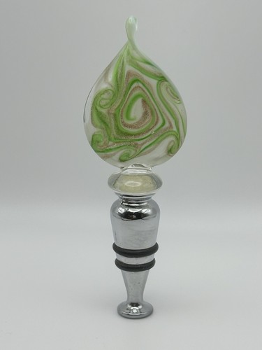 Blown Glass Bottle Stopper Green & Gold On White Chrome Dual Gasket ...