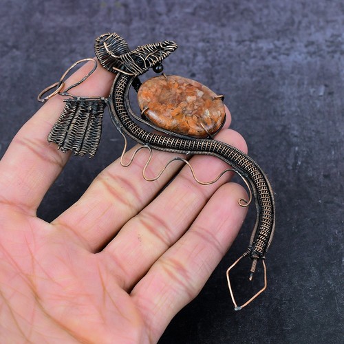 Copper Sunstone Gemstone Handmade Copper Wire Wrap Dragon Pendant 4.53 ...
