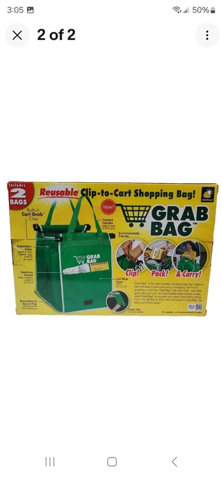 Grab Bag Clip-To-Cart Reusable Grocery Shopping Bags Pack of 2 As Seen ...