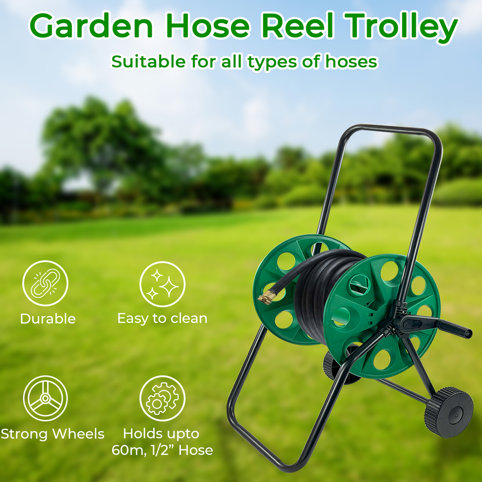 Garden Hose Reel Trolley 60M Portable Water Pipe Free Standing Hose ...