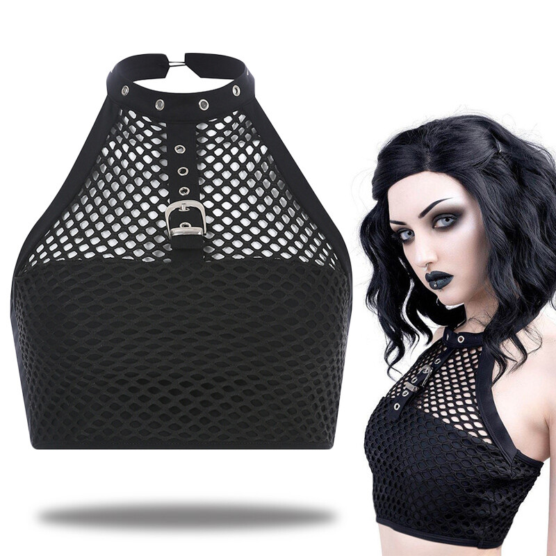 Women Gothic Fishnet Camisole Halter Neck Choker Crop Top Punk Cocktail ...
