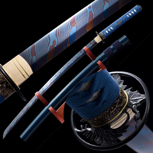 Handmade Blue Red Damascus Steel Katana Real Combat Sharp Japanese ...