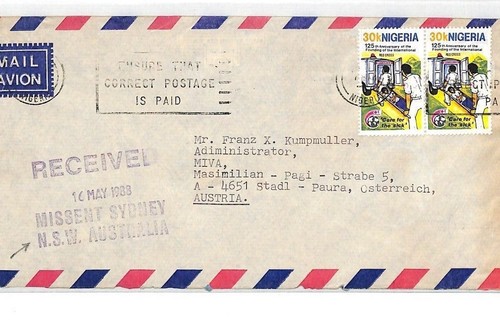 NIGERIA Austria Air Mail *MISSENT SYDNEY AUSTRALIA* Cover MIVA VEHICLES ...
