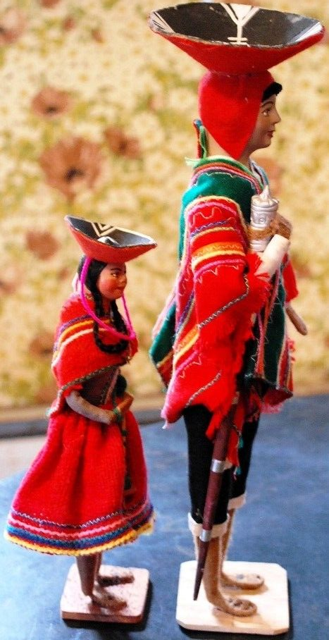 Set 2 Vtg HANDMADE Peruvian Dolls WOMAN W CHILD & MAN Clay & Woven Wool ...