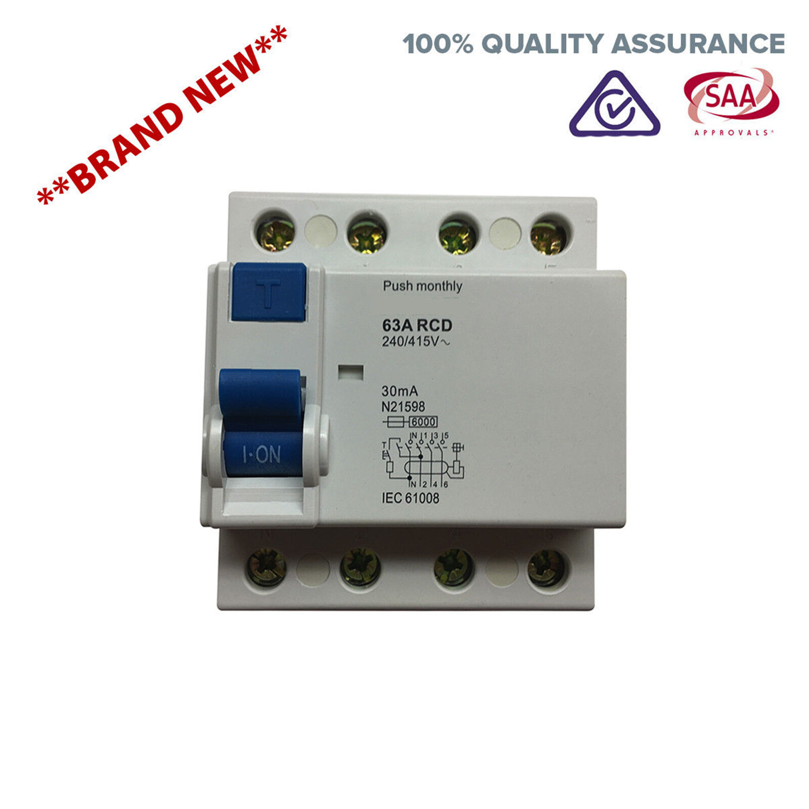 63 AMP 4 Pole RCD Residual Current Device Safety Switch Switchboard ...