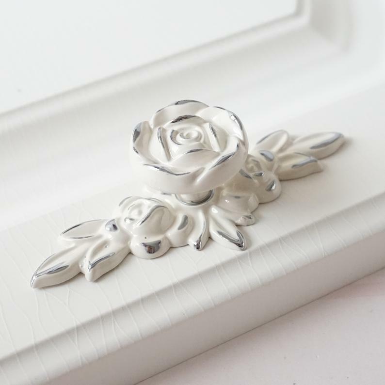 Flower Dresser Drawer Pull Handles Creamy White Rose knob Kitchen ...