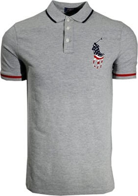 Polo Ralph Lauren Men's Small Gray Polo Shirt Classic Fit USA Flag Big ...