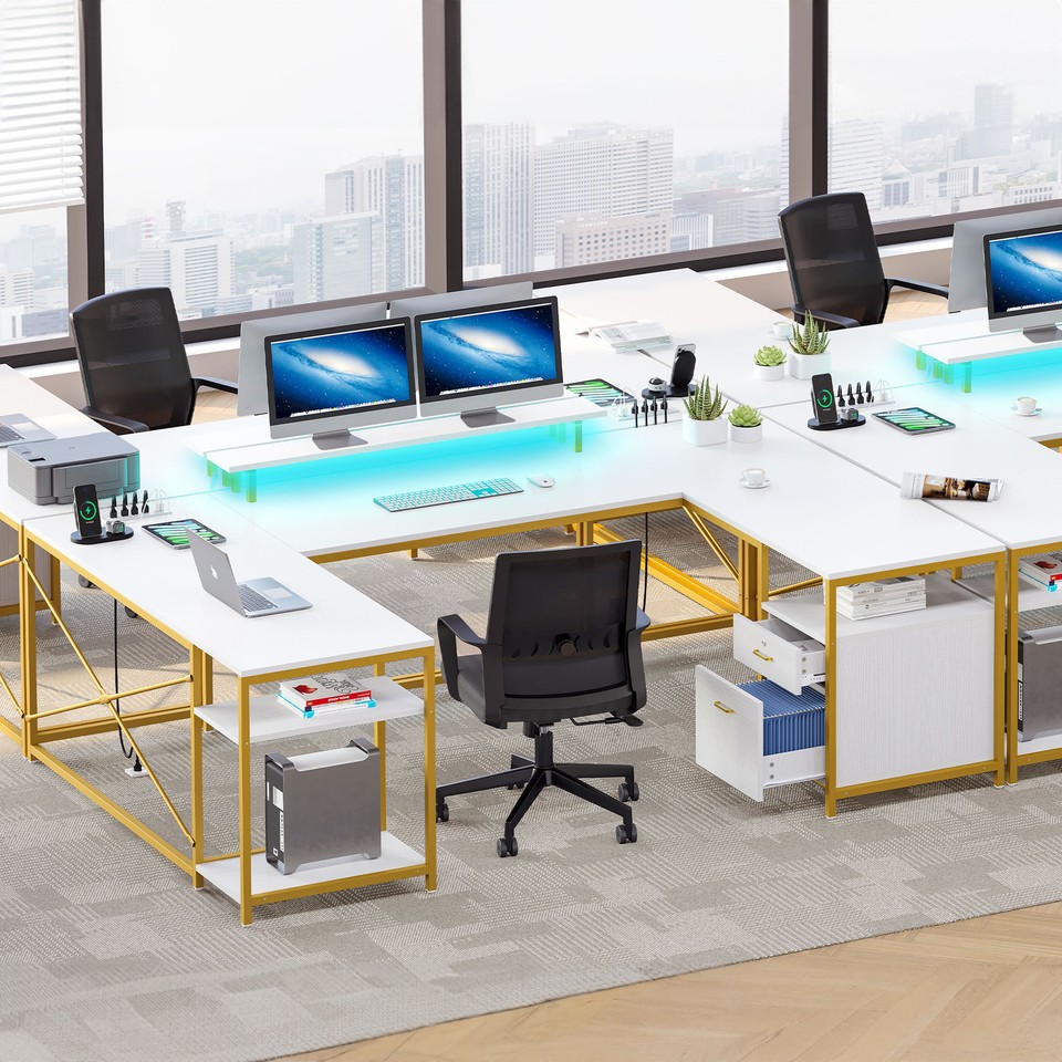 79 inch U Shaped Desk with Power Outlets & LED Lights Reversible ...